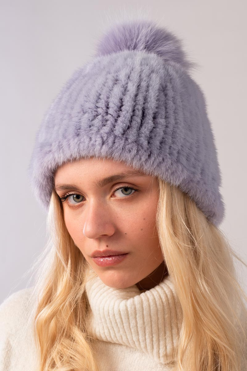 Knit Mink Beanie Hat with Fox Pom Pom in Red